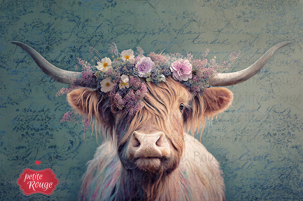 DECOUPAGE PAPIER (600x900mm) Floral Crown Highland Cow PR-PDM058 ...